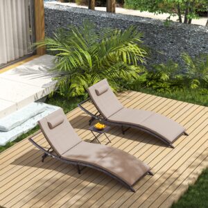 asjmr patio chaise lounge set 3 pieces outdoor lounge chair with rattan adjustable backrest and folding table for beach patio,sand, for poolside backyard porch