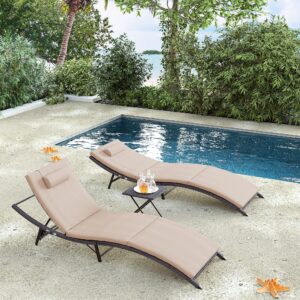 ASJMR Patio Chaise Lounge Set 3 Pieces Outdoor Lounge Chair with Rattan Adjustable Backrest and Folding Table for Beach Patio,Sand, for Poolside Backyard Porch