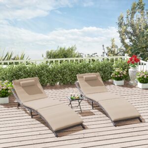 ASJMR Patio Chaise Lounge Set 3 Pieces Outdoor Lounge Chair with Rattan Adjustable Backrest and Folding Table for Beach Patio,Sand, for Poolside Backyard Porch