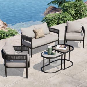 grand patio 5-piece outdoor furniture set with thick cushions and coffee table, wicker sofa conversation set for backyard, beige