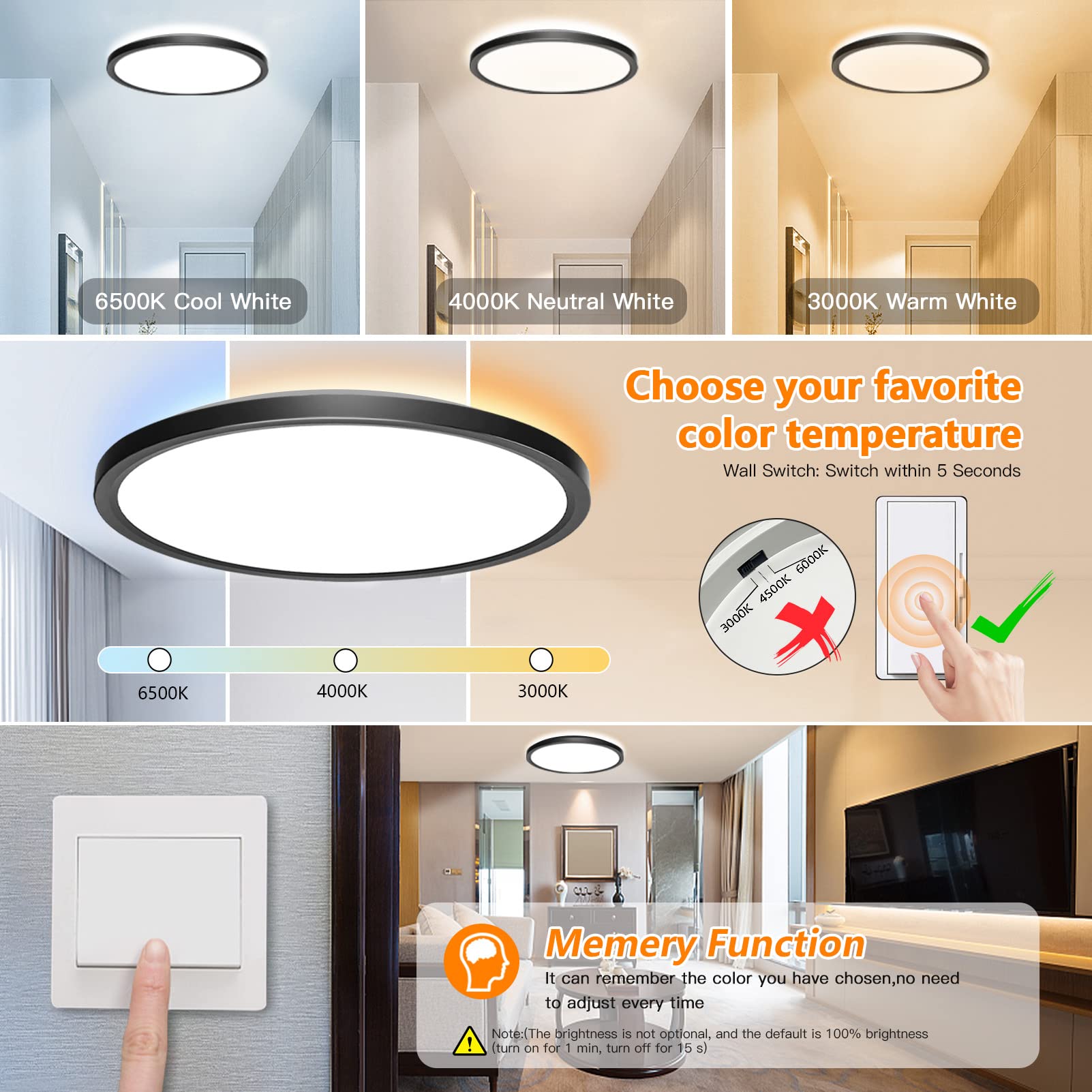 12Inch Led Flush Mount Ceiling Light,28W 3200LM Dimmable Light Fixture,Wall Switch Control 3000K/4000K/6500K Super Bright Ultra Thin Ceiling Light for Kitchen Living Room