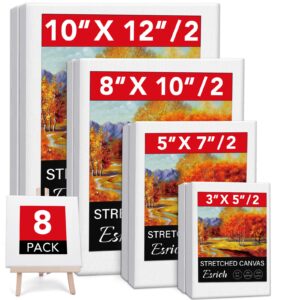 stretched canvases for painting, 8pcs multi pack canvas 3×5”, 5×7”, 8×10”, 10×12”(2 of each), acid-free wood frame blank canvas, art canvas pre primed for acrylic, oil painting, tempera paintings.