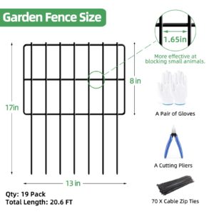 19 Pack Garden Animal Barrier Fence, 1.65inch Spike Spacing No Dig Fence, Reusable Rustproof Metal Fence Border, Dogs Rabbits Blocker Fence for Outdoor Yard, Total 20.6ft(L) x 17inch(H)