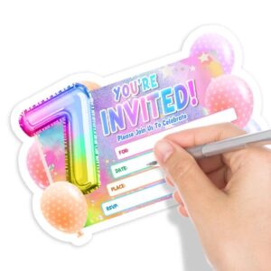 Simimi Art 7th Birthday Invitation Cards with Envelopes, Girl Balloon Theme, 30 Pack, 6.06 x 4 Inch