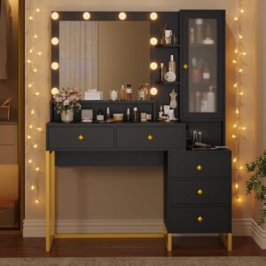 bthfst large vanity desk with mirror and lights, makeup vanity with lights and charging station, vanity table with 5 drawers and storage shelves, makeup desk with nightstand, black and gold