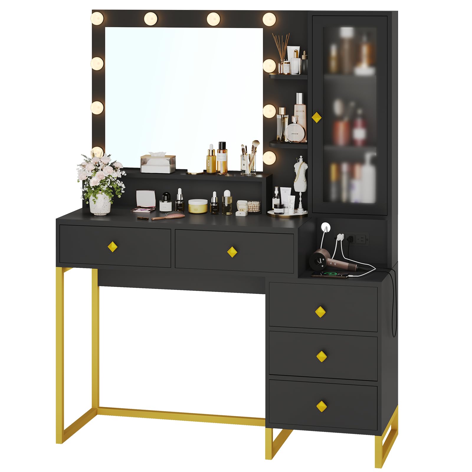 BTHFST Large Vanity Desk with Mirror and Lights, Makeup Vanity with Lights and Charging Station, Vanity Table with 5 Drawers and Storage Shelves, Makeup Desk with Nightstand, Black and Gold