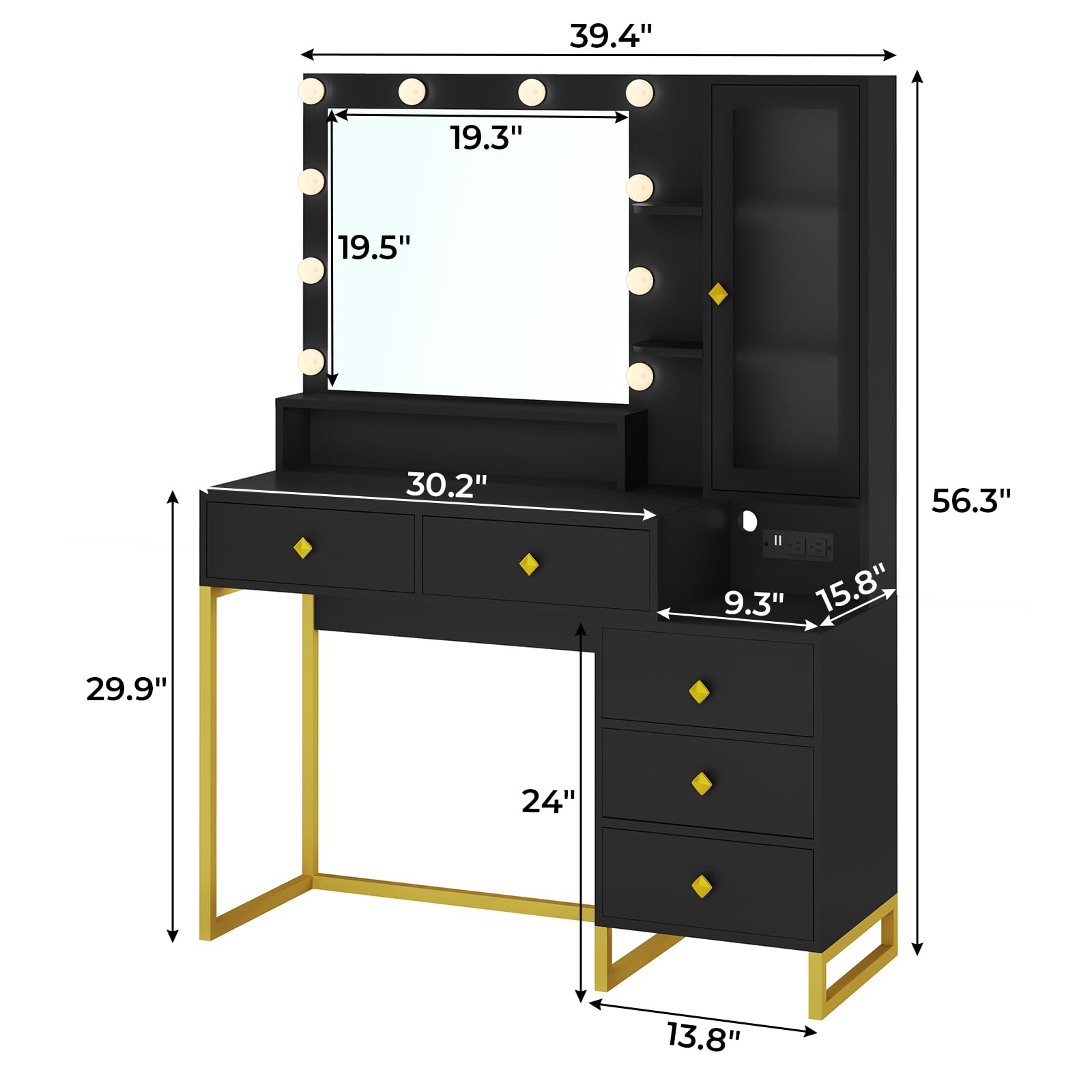 BTHFST Large Vanity Desk with Mirror and Lights, Makeup Vanity with Lights and Charging Station, Vanity Table with 5 Drawers and Storage Shelves, Makeup Desk with Nightstand, Black and Gold