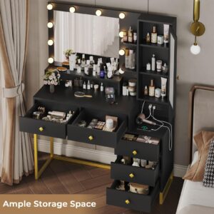 BTHFST Large Vanity Desk with Mirror and Lights, Makeup Vanity with Lights and Charging Station, Vanity Table with 5 Drawers and Storage Shelves, Makeup Desk with Nightstand, Black and Gold