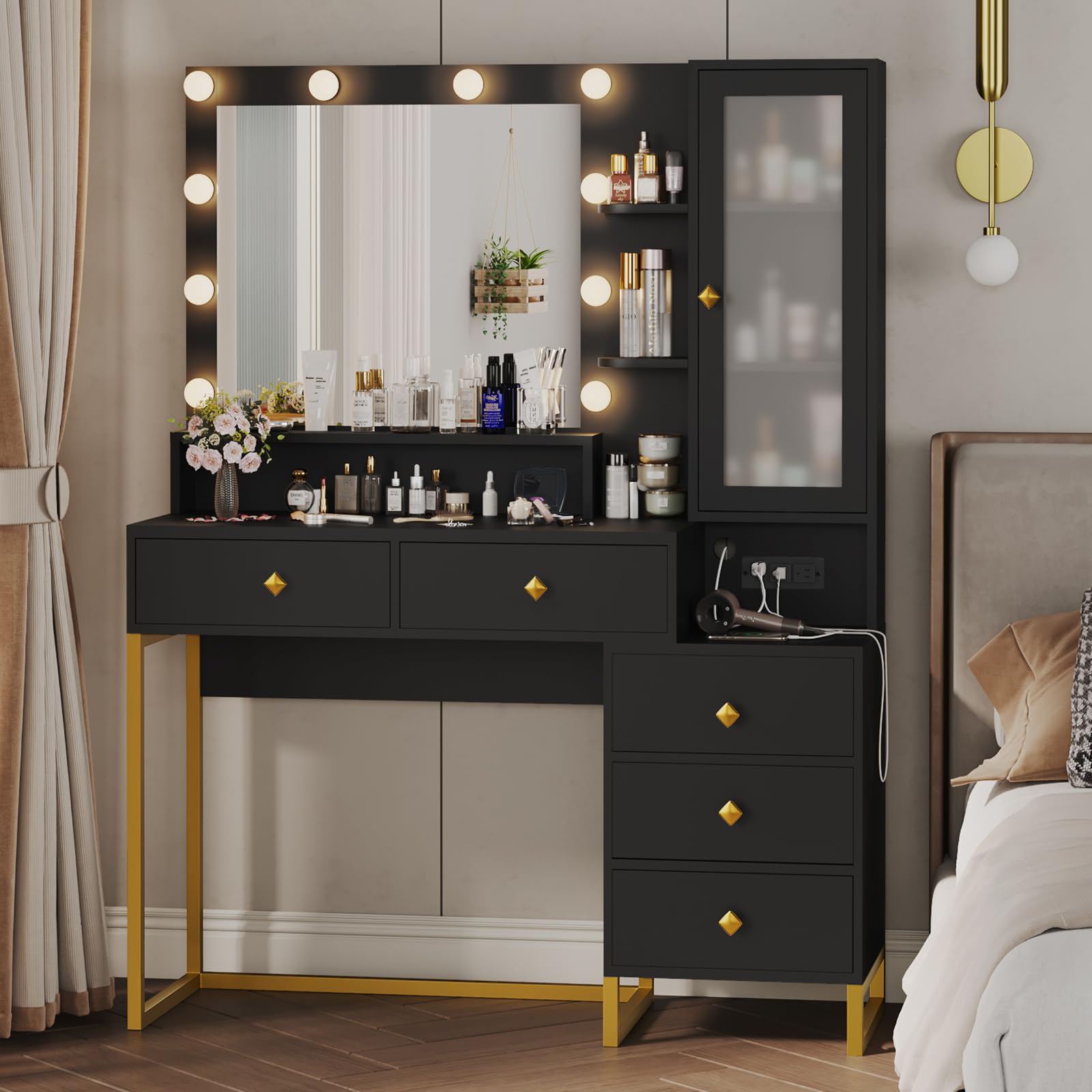 BTHFST Large Vanity Desk with Mirror and Lights, Makeup Vanity with Lights and Charging Station, Vanity Table with 5 Drawers and Storage Shelves, Makeup Desk with Nightstand, Black and Gold