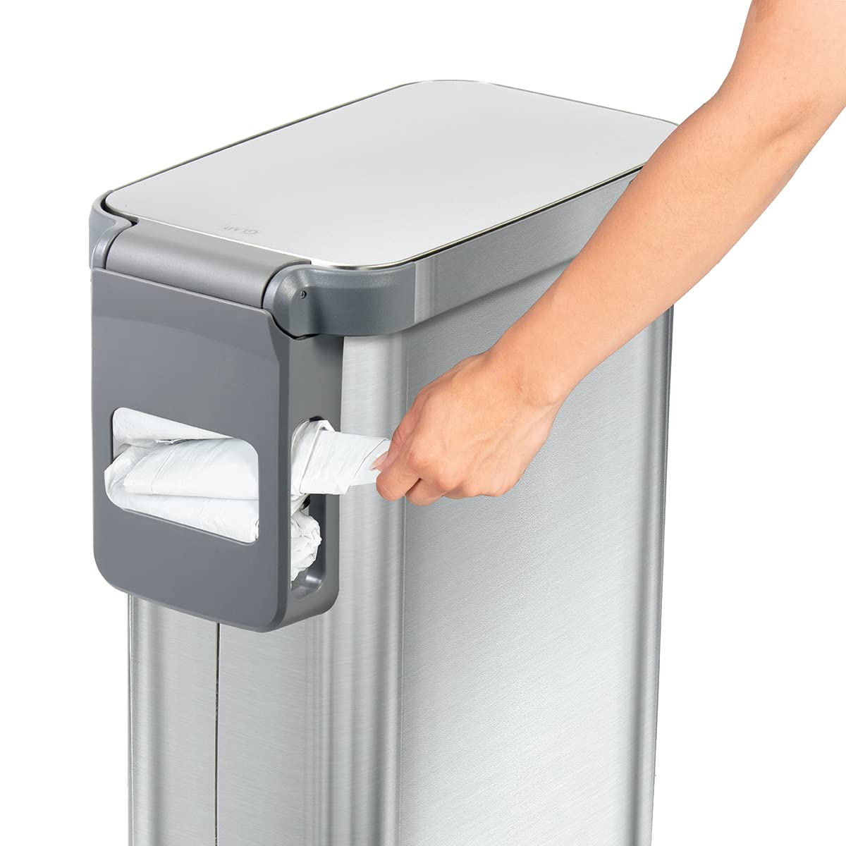 Glad Slim Trash Can with Clorox Odor Protection - Narrow Kitchen Garbage Bin with Soft Close Lid, Step On Foot Pedal and Waste Bag Roll Holder, All Stainless, 45 Liter