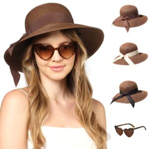 funcredible brown summer fedora hat for women - wide brim straw beach hat with bow and heart shape glasses - upf 50+ packable panama hat for women