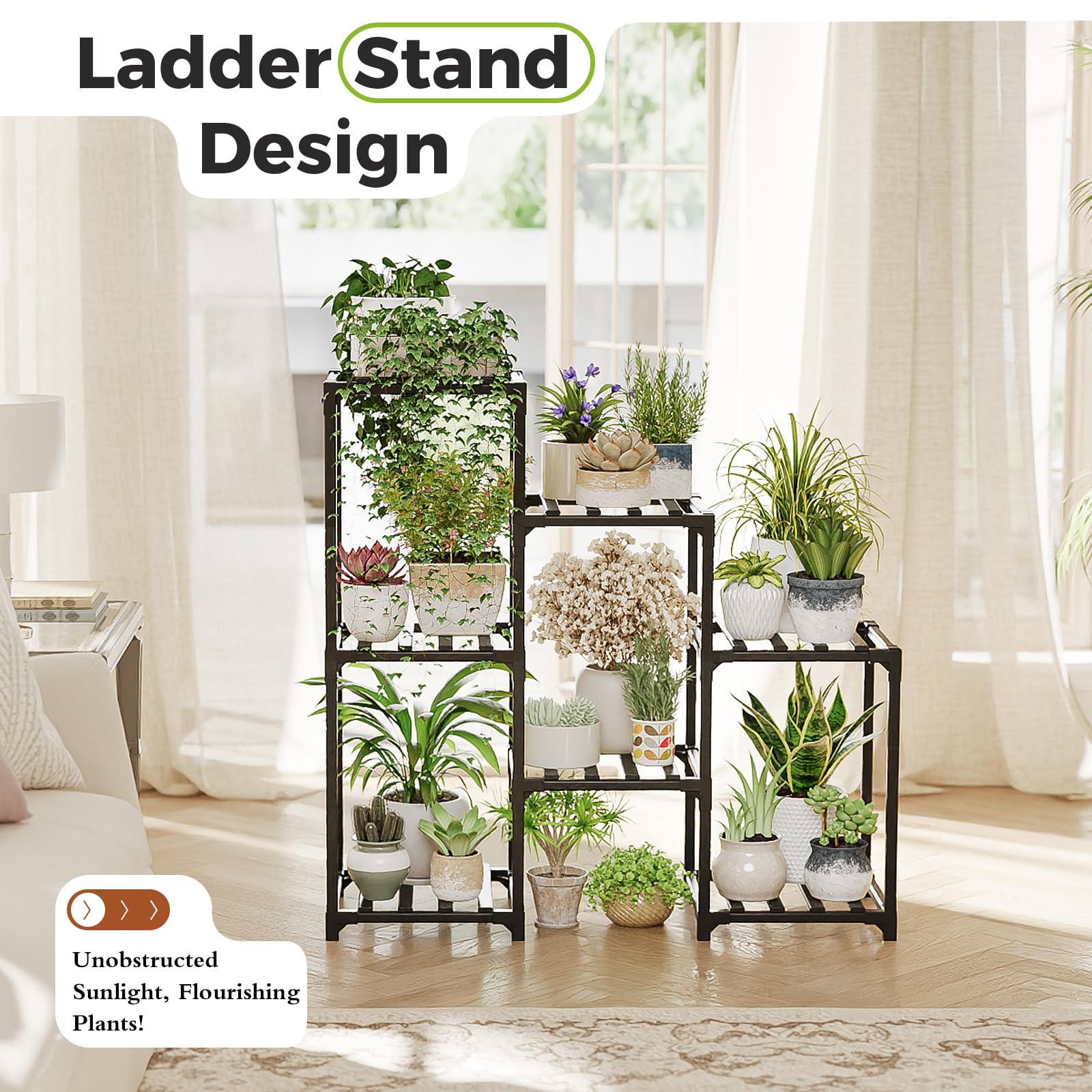 Bamworld Plant Stand Black Plant Shelf Indoor Plant Table for Multiple Plants 3 Tiers 7 Pots Ladder Plant Holder Table Plant Pot Stand for Window Garden Balcony Living Room