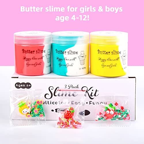 Butter Slime Kit 3-Pack, with Slime Fruits Charms, Slime Party Favor Gift for Boys and Girls, Cute Bulk Putty Kids Slime Toy for Age 6 7 8 9 10 11 12, Scented Soft Non-Sticky, (3x100ml)