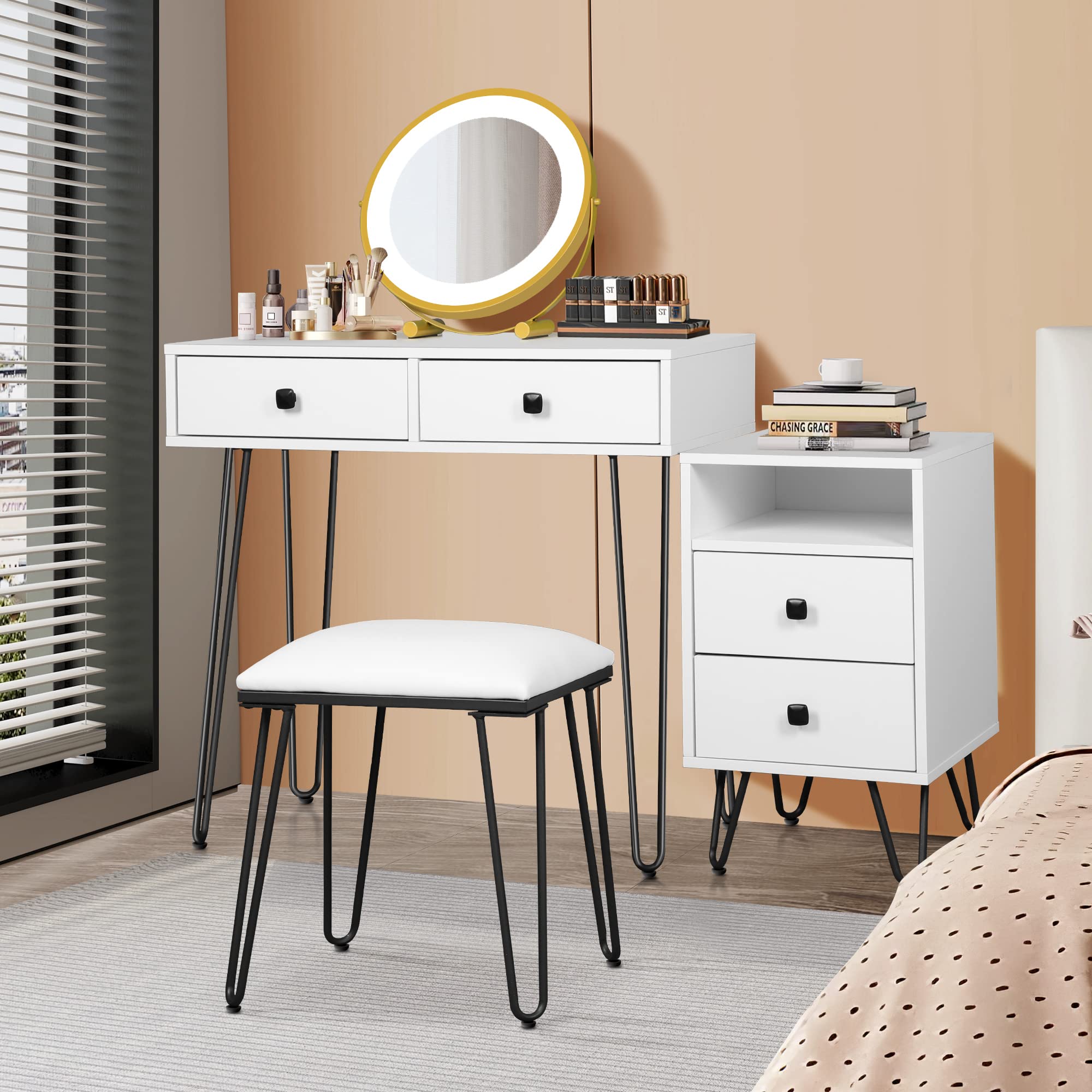 AVZEAR Vanity Mirror, Dressing Table with Lighted Mirror Makeup Dressing Table with Large Drawer and 4-Drawer Chest, 3-Color Touch Screen Dimmable Mirror with Cushioned Stool, White