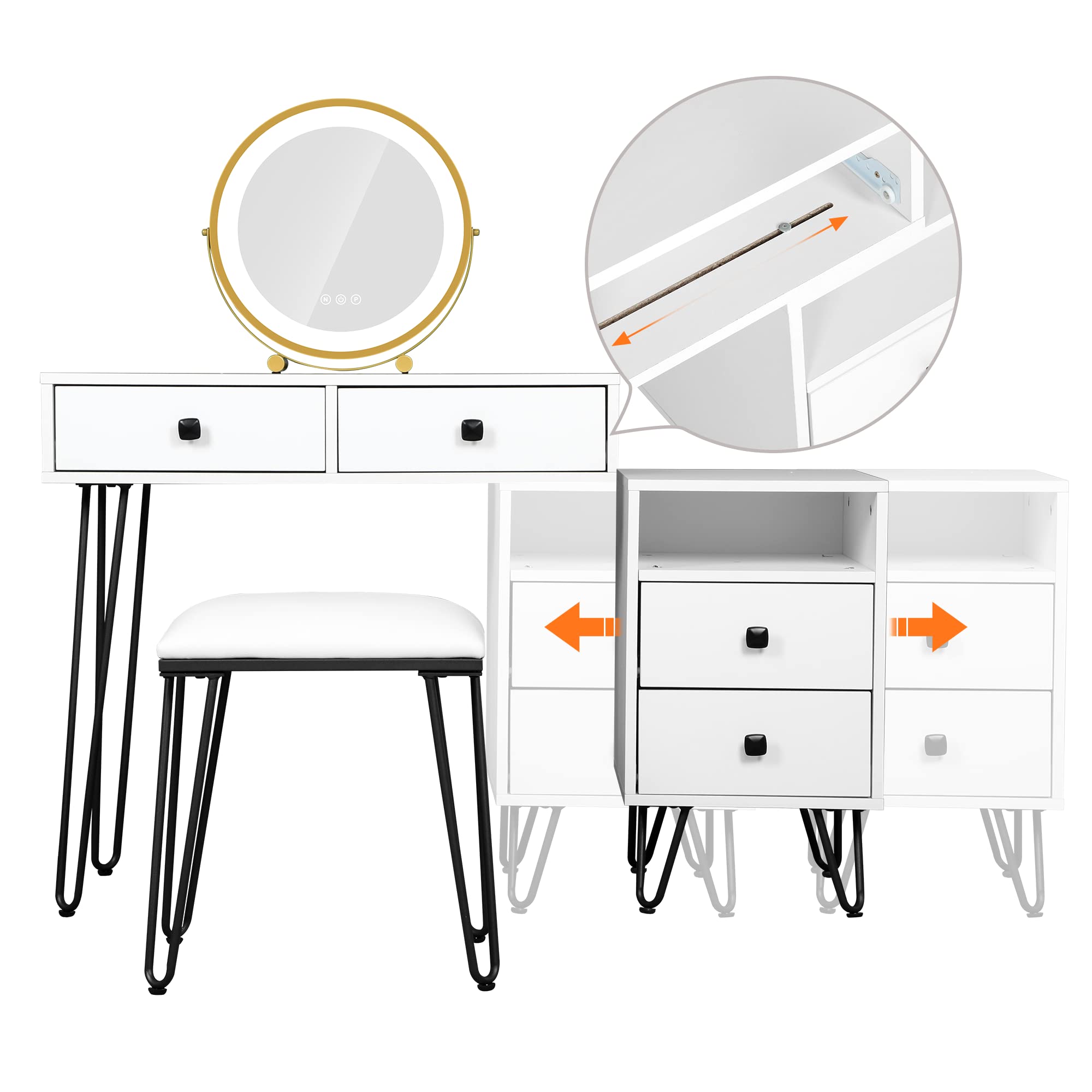 AVZEAR Vanity Mirror, Dressing Table with Lighted Mirror Makeup Dressing Table with Large Drawer and 4-Drawer Chest, 3-Color Touch Screen Dimmable Mirror with Cushioned Stool, White