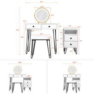 AVZEAR Vanity Mirror, Dressing Table with Lighted Mirror Makeup Dressing Table with Large Drawer and 4-Drawer Chest, 3-Color Touch Screen Dimmable Mirror with Cushioned Stool, White