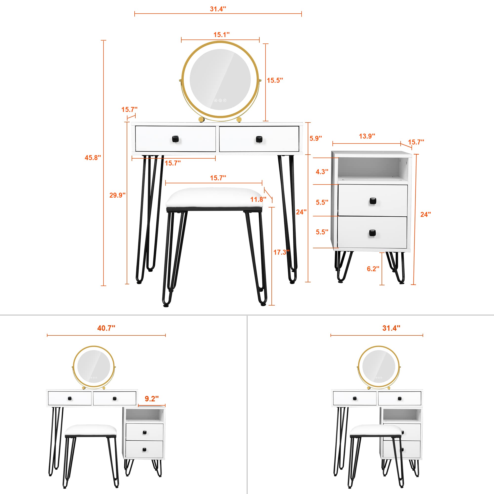 AVZEAR Vanity Mirror, Dressing Table with Lighted Mirror Makeup Dressing Table with Large Drawer and 4-Drawer Chest, 3-Color Touch Screen Dimmable Mirror with Cushioned Stool, White