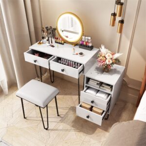 AVZEAR Vanity Mirror, Dressing Table with Lighted Mirror Makeup Dressing Table with Large Drawer and 4-Drawer Chest, 3-Color Touch Screen Dimmable Mirror with Cushioned Stool, White