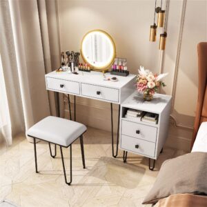 AVZEAR Vanity Mirror, Dressing Table with Lighted Mirror Makeup Dressing Table with Large Drawer and 4-Drawer Chest, 3-Color Touch Screen Dimmable Mirror with Cushioned Stool, White