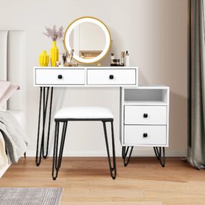 AVZEAR Vanity Mirror, Dressing Table with Lighted Mirror Makeup Dressing Table with Large Drawer and 4-Drawer Chest, 3-Color Touch Screen Dimmable Mirror with Cushioned Stool, White