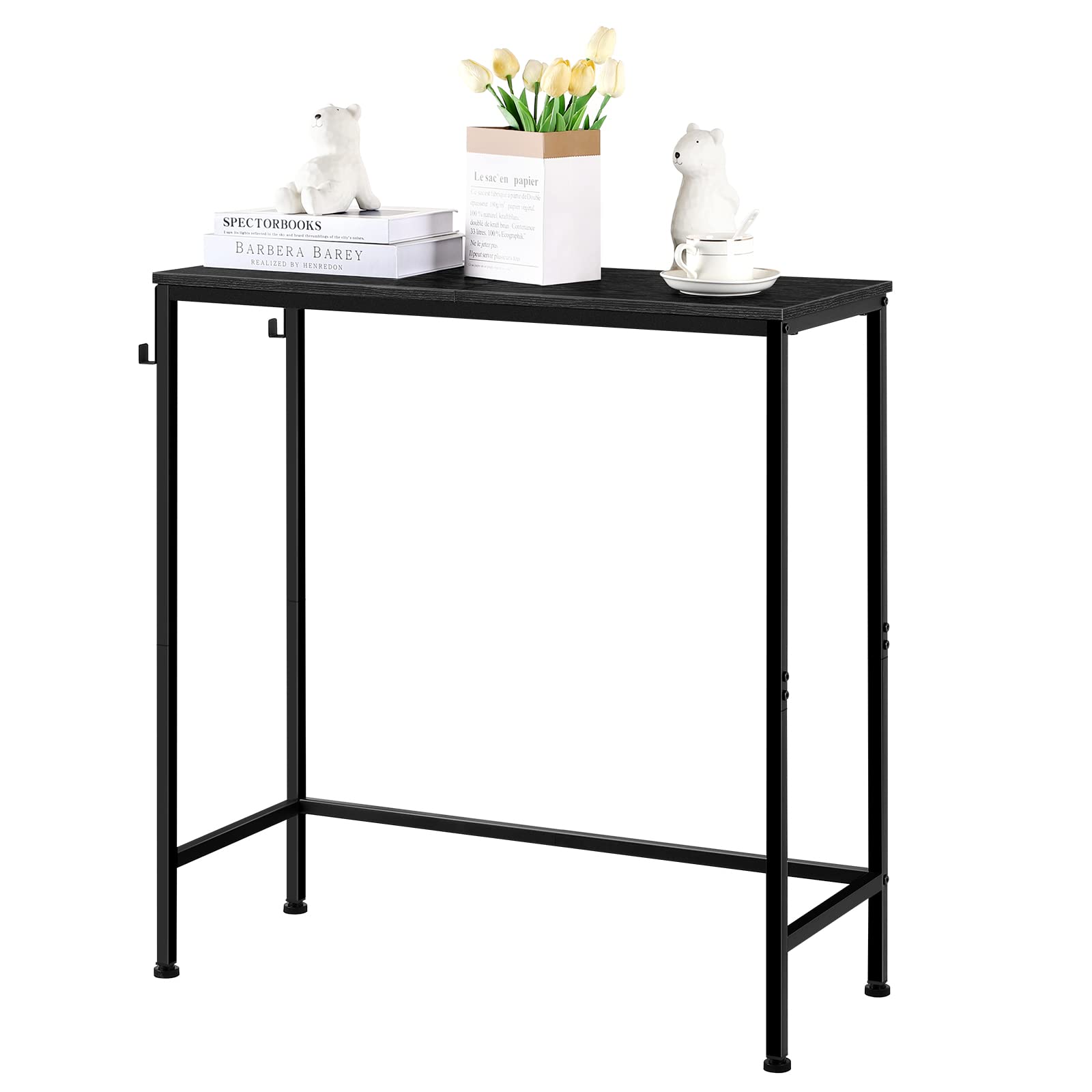 OYEAL Black Console Table Narrow Entryway Table with Hooks 31.5 in Small Sofa Table with Metal Frame Couch Table for Living Room, Hallway, Foyer, Bedroom, Black