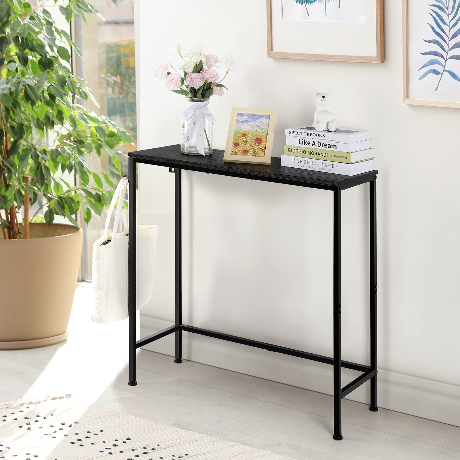 OYEAL Black Console Table Narrow Entryway Table with Hooks 31.5 in Small Sofa Table with Metal Frame Couch Table for Living Room, Hallway, Foyer, Bedroom, Black