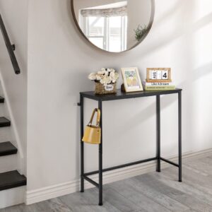 OYEAL Black Console Table Narrow Entryway Table with Hooks 31.5 in Small Sofa Table with Metal Frame Couch Table for Living Room, Hallway, Foyer, Bedroom, Black