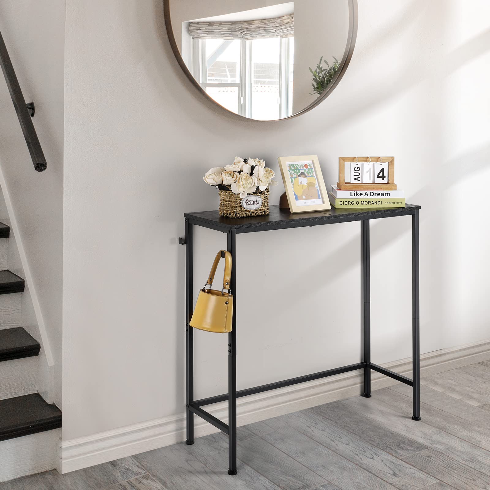 OYEAL Black Console Table Narrow Entryway Table with Hooks 31.5 in Small Sofa Table with Metal Frame Couch Table for Living Room, Hallway, Foyer, Bedroom, Black