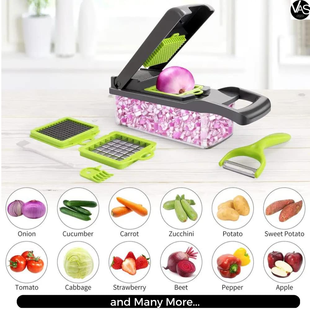 VAS 12 in 1 Vegetable Chopper & Slicer - Multifunctional Pro Food Chopper with Container, Kitchen Adjustable Veggie Salad Grater Slicer, Onion Chopper Dicer with 8 Blades, Fruit Vegetable Cutter