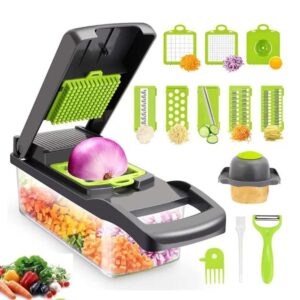 vas 12 in 1 vegetable chopper & slicer - multifunctional pro food chopper with container, kitchen adjustable veggie salad grater slicer, onion chopper dicer with 8 blades, fruit vegetable cutter