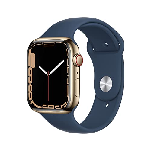 Apple Watch Series 7 (GPS + Cellular, 45MM) - Gold Stainless Steel Case with Abyss Blue Sport Band (Renewed)