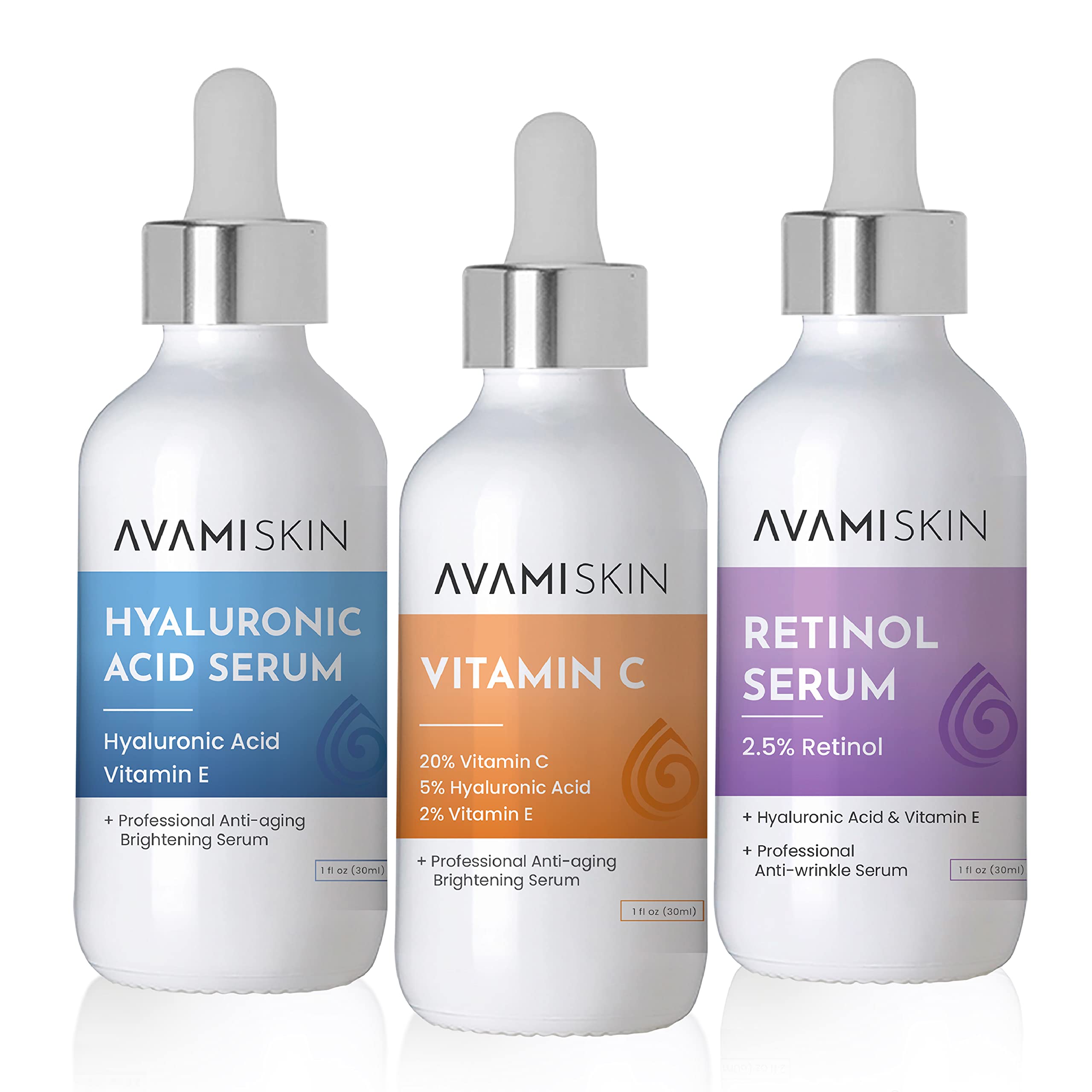 AVAMI 3-Piece Skin Serum Set - Vitamin C, Hyaluronic Acid, Retinol - Unisex - 1 fl. Oz