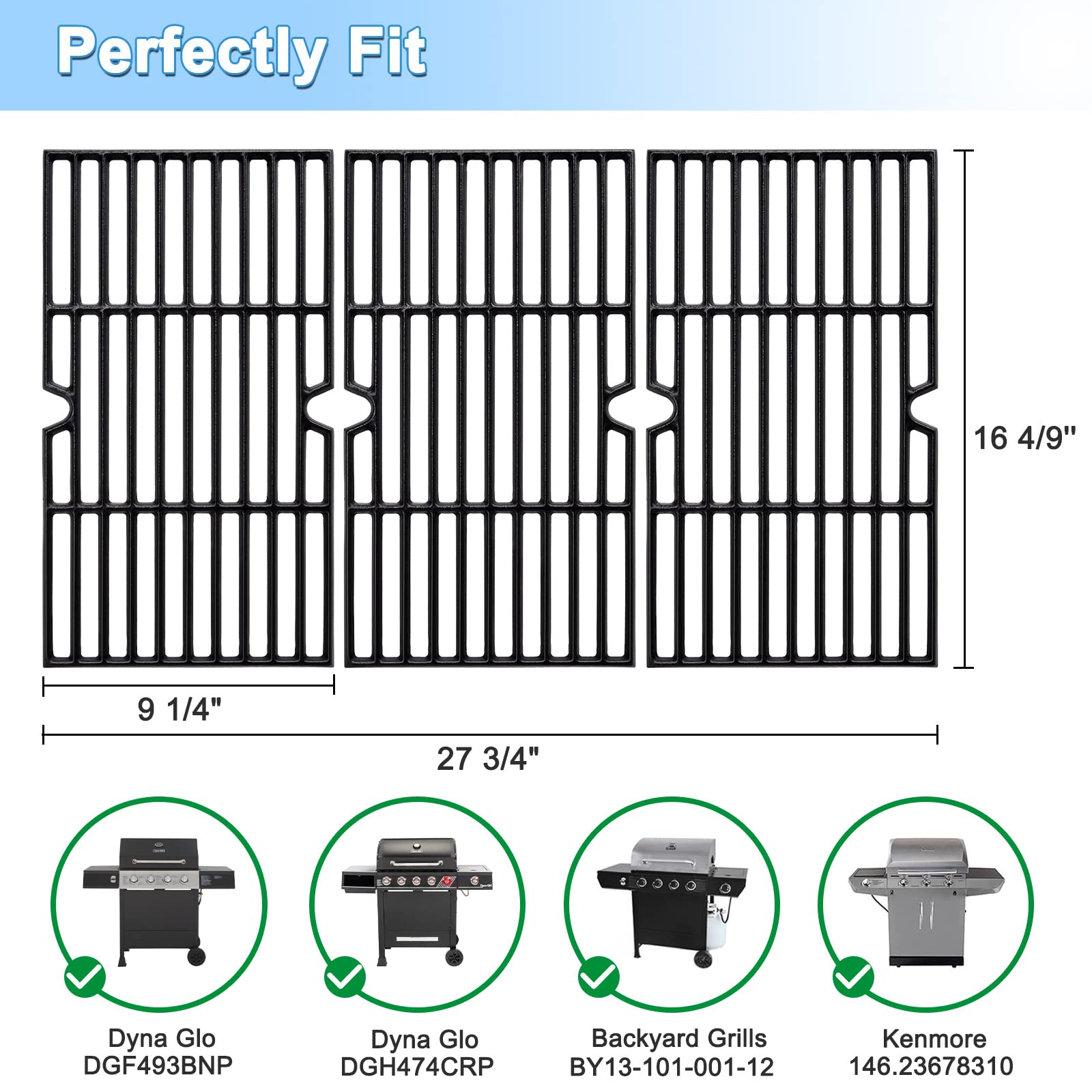 Adviace Grill Grates for Dyna Glo DGF493BNP, DGH474CRP Replacement Parts, Cooking Grates Grid for Backyard Grill Parts BY13-101-001-12, Kenmore 146.23678310, 146.23681310, Uniflame Grill GBC1030WRS.