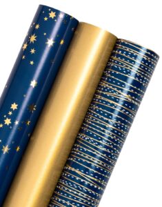 wrapaholic wrapping paper roll - mini roll - 3 rolls - 17 inch x 120 inch per roll - navy and gold star/stripe/gold pearlized print for birthday, father's day, holiday, party