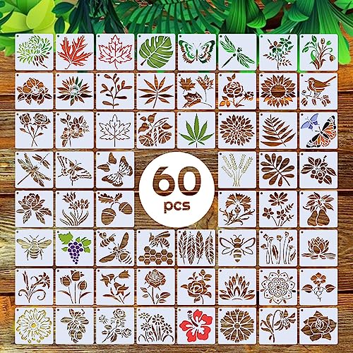 Stencils for Painting, 60pcs 3 Inch Reusable Samll Stencils for Crafts on Fabric Wood Wall Rock and Other Home Decor, Flower Stencils & Other Plant Stencils, Butterfly Stencils