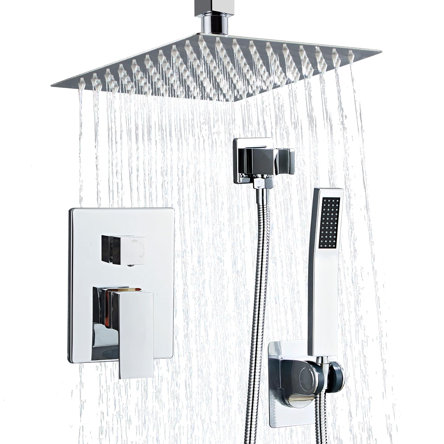 RTOBWEYE 8 Inch Shower Faucet Set High Pressure Rainfall Shower System Ceiling Mount Square Rain Shower Head with Handheld Spray Combo Ceiling Luxury Rainfall Shower Fixtures (L-Style)