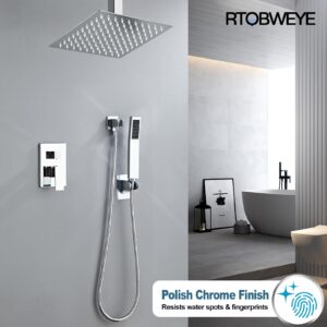 RTOBWEYE 8 Inch Shower Faucet Set High Pressure Rainfall Shower System Ceiling Mount Square Rain Shower Head with Handheld Spray Combo Ceiling Luxury Rainfall Shower Fixtures (L-Style)