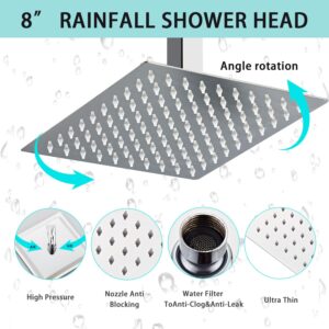 RTOBWEYE 8 Inch Shower Faucet Set High Pressure Rainfall Shower System Ceiling Mount Square Rain Shower Head with Handheld Spray Combo Ceiling Luxury Rainfall Shower Fixtures (L-Style)