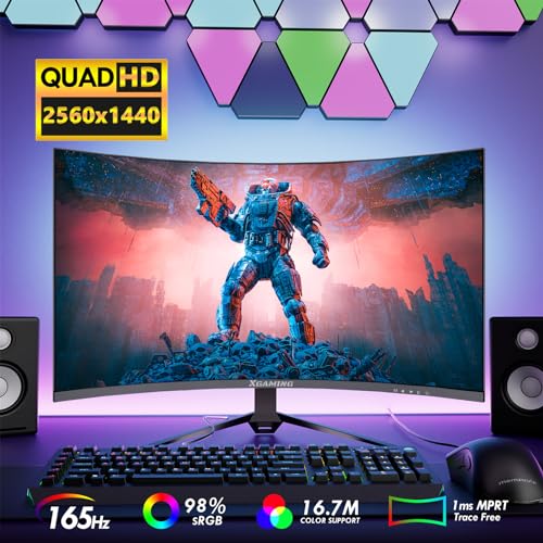 XGaming 27 Inch Curved Monitor 2K 165Hz 1500R, QHD 2560 x 1440p Gaming Computer Monitor, 16:9 HDMI Display, 1ms, FreeSync, 98% sRGB, Eye Care HDR PC Screen Built-in Speakers, VESA, Tilt Adjustable