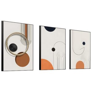 Framed Bright style Wall Art, Boho Wall Art Set of 3, Mid Century Modern Decor 24" x 32", Minimalist Black Beige Neutral Abstract Geometric Wall Decor Canvas Prints for Bedroom Living Room Bathroom