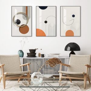 Framed Bright style Wall Art, Boho Wall Art Set of 3, Mid Century Modern Decor 24" x 32", Minimalist Black Beige Neutral Abstract Geometric Wall Decor Canvas Prints for Bedroom Living Room Bathroom