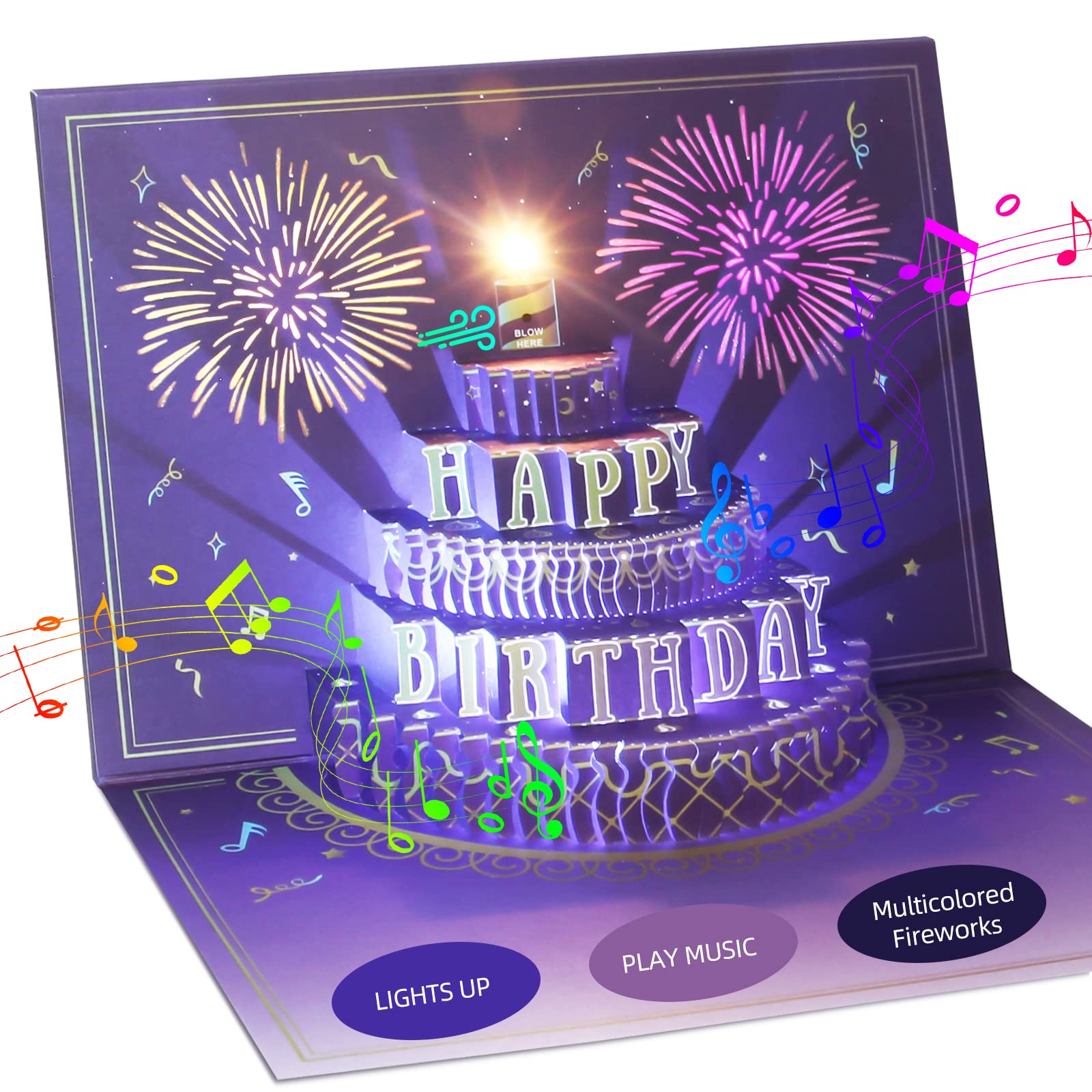 XTF2015 Happy Birthday Card, Lights & Music & Sound Fireworks Cake 3D Pop Up Birthday Card Gift with Envelope and Note Tag for Women, Men, Kids, Wife, Mom, Husband