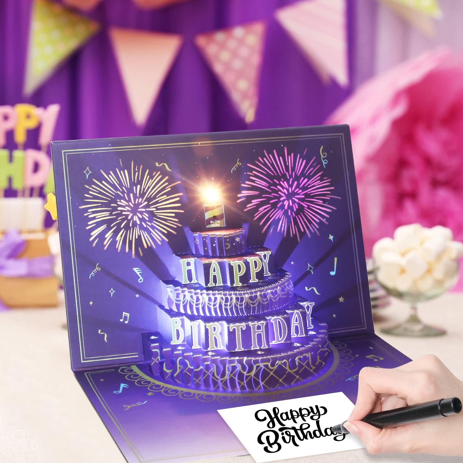 XTF2015 Happy Birthday Card, Lights & Music & Sound Fireworks Cake 3D Pop Up Birthday Card Gift with Envelope and Note Tag for Women, Men, Kids, Wife, Mom, Husband