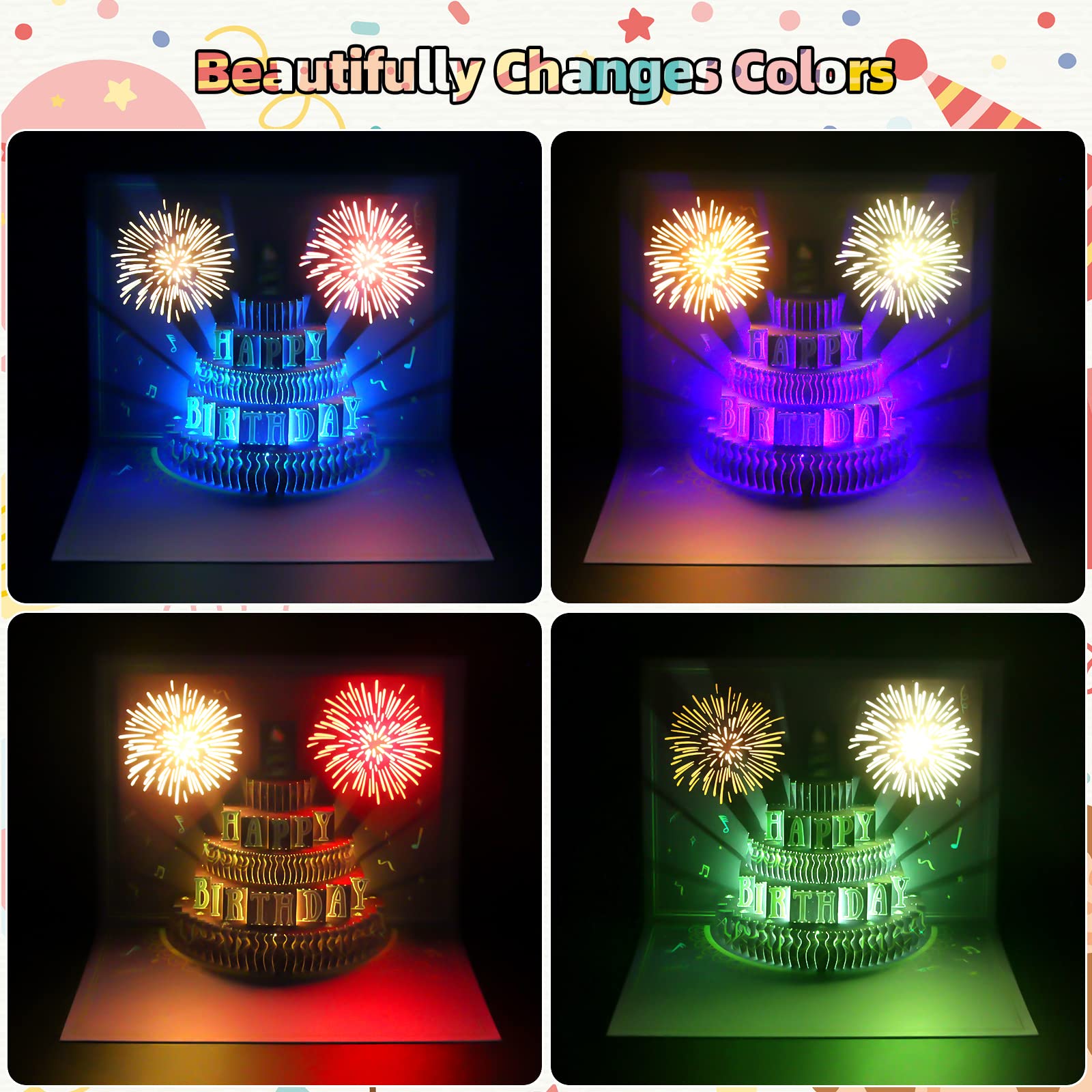 XTF2015 Happy Birthday Card, Lights & Music & Sound Fireworks Cake 3D Pop Up Birthday Card Gift with Envelope and Note Tag for Women, Men, Kids, Wife, Mom, Husband