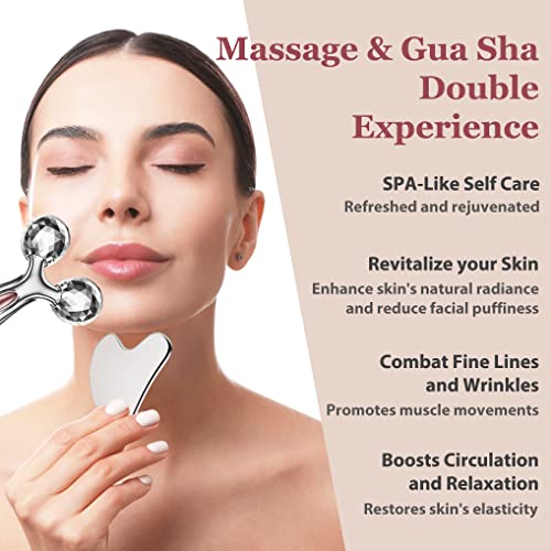 leiwo Stainless Steel Gua Sha and Face Roller Set, Facial Tool for Face Sculpting, Metal Skin Care, Massager for Women