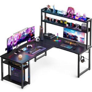 odk l shaped gaming desk with hutch, computer desk with storage shelves, 59" l shaped desk for home office, corner desk with headphone hook, black