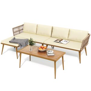 YITAHOME 4 Pieces Patio Furniture Set, Outdoor Rattan Woven Conversation Sectional L-Shaped Sofa with 5 Seater for Backyard, Porch, Boho Detachable Lounger with Cushions and Side Table - Beige