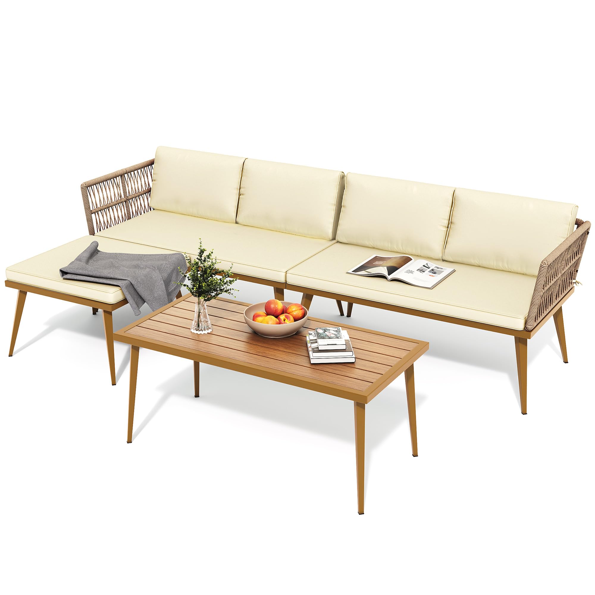 YITAHOME 4 Pieces Patio Furniture Set, Outdoor Rattan Woven Conversation Sectional L-Shaped Sofa with 5 Seater for Backyard, Porch, Boho Detachable Lounger with Cushions and Side Table - Beige