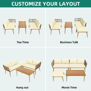 YITAHOME 4 Pieces Patio Furniture Set, Outdoor Rattan Woven Conversation Sectional L-Shaped Sofa with 5 Seater for Backyard, Porch, Boho Detachable Lounger with Cushions and Side Table - Beige