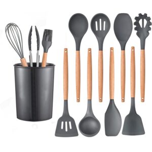 kitchen utensils sets cooking utensils sets wood spoon silicone heat reaistant non stick cookware set wooden handle spatula set with holder cooking gadget tool food graded bpa free non toxic 12 pieces